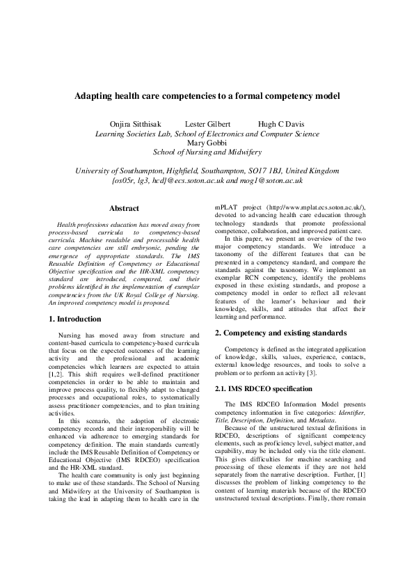 (PDF) Adapting health care competencies to a formal competency model