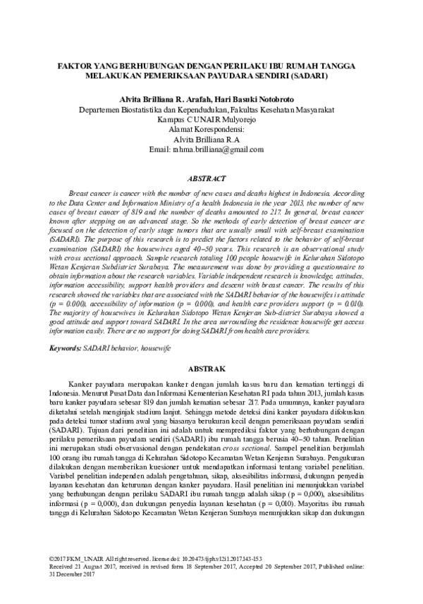 (PDF) FAKTOR YANG BERHUBUNGAN DENGAN PERILAKU IBU RUMAH TANGGA MELAKUKAN PEMERIKSAAN PAYUDARA ...