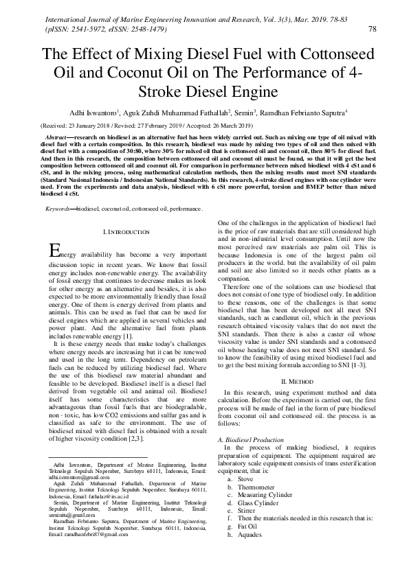 (PDF) The Effect of Mixing Diesel Fuel with Cottonseed Oil and Coconut ...