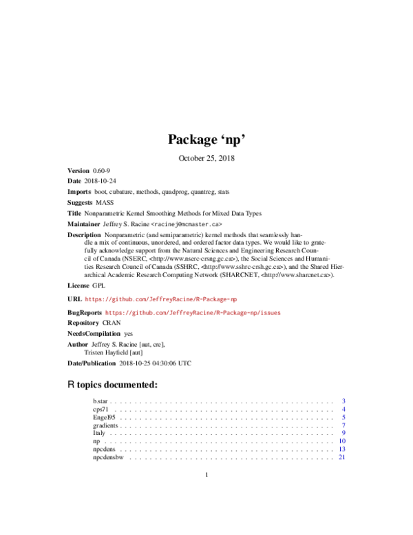 Pdf Package Np Title Nonparametric Kernel Smoothing Methods For Mixed Data Types