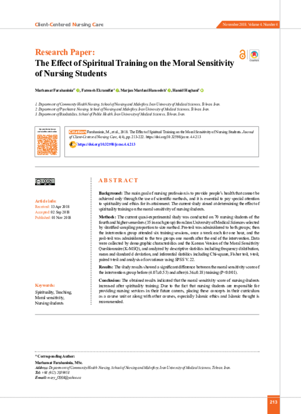 (PDF) The Effect of Spiritual Training on the Moral Sensitivity of Nursing Students | Client ...