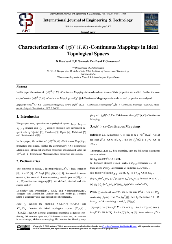 Pdf Characterizations Of Ik Continuous Mappings In Ideal Topological Spaces