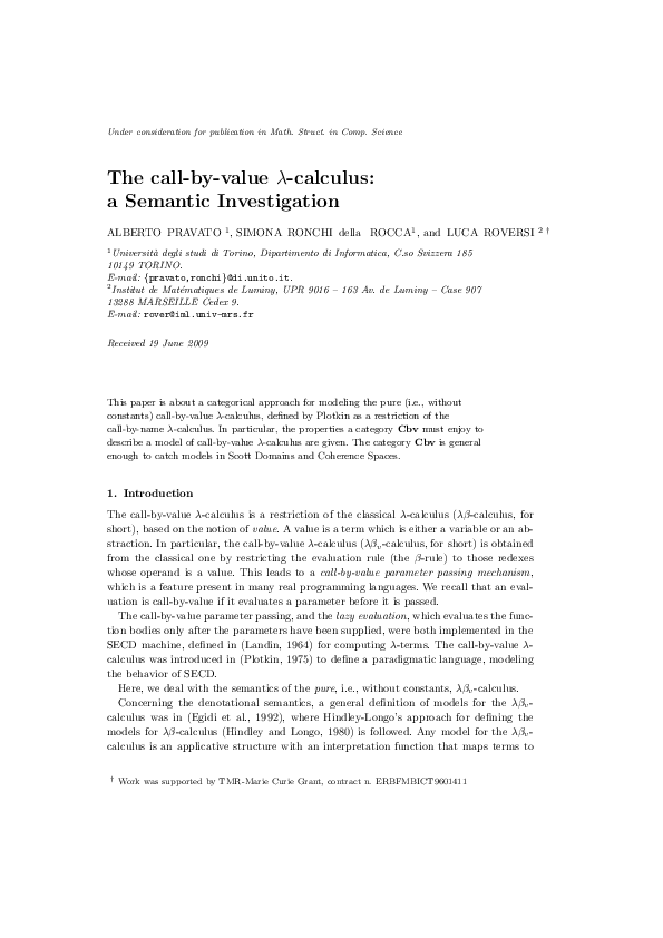 (PDF) The call-by-value -calculus: a Semantic Investigation