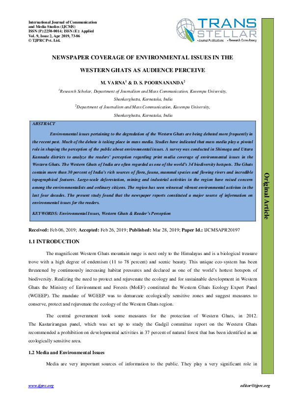(PDF) NEWSPAPER COVERAGE OF ENVIRONMENTAL ISSUES IN THE WESTERN GHATS ...