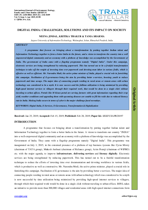 (PDF) DIGITAL INDIA: CHALLENGES, SOLUTIONS AND ITS IMPACT ON SOCIETY