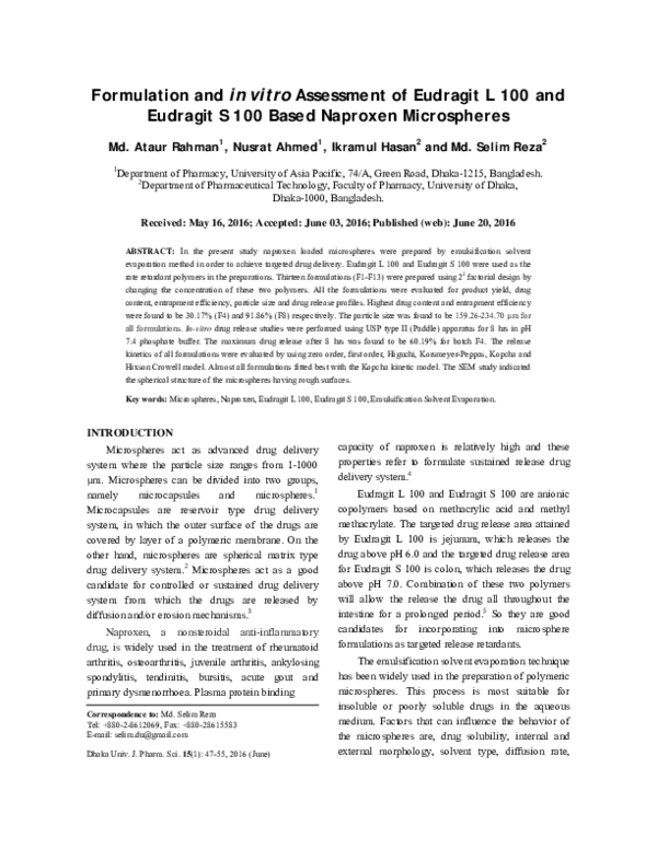 (PDF) Formulation and in vitro Assessment of Eudragit L 100 and ...