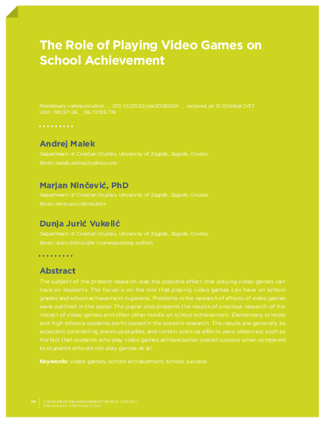 (PDF) The Role of Playing Video Games on School Achievement