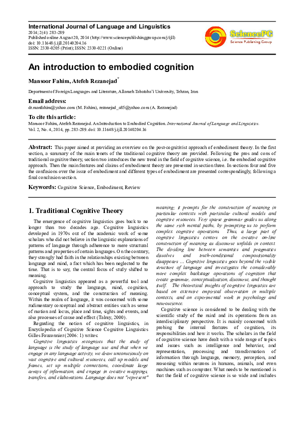 (PDF) An Introduction to Embodied Cognition