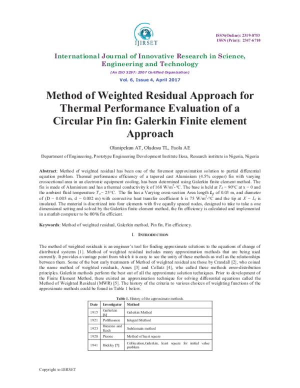 (PDF) Method of Weighted Residual Approach for Thermal Performance Evaluation of a Circular Pin ...