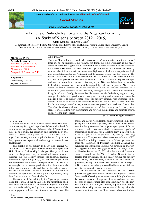 (PDF) The Politics of Subsidy Removal and the Nigerian Economy (A Study of Nigeria between 2012 ...