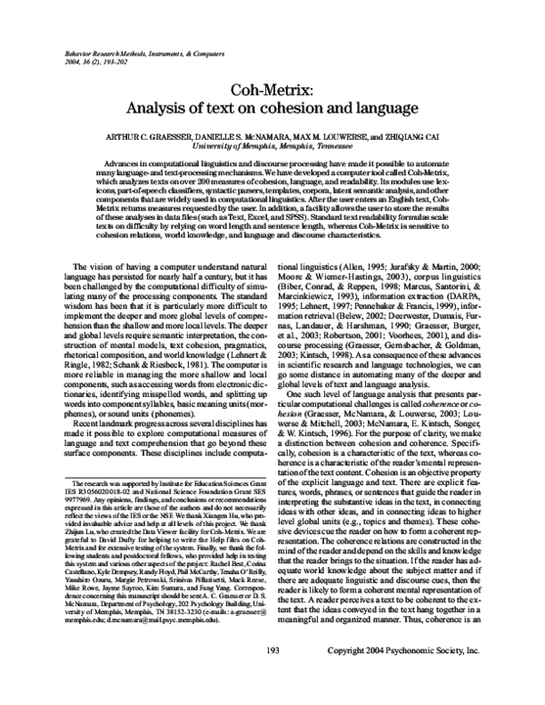 (PDF) Coh metrix ananlysis of text on cohesion and language