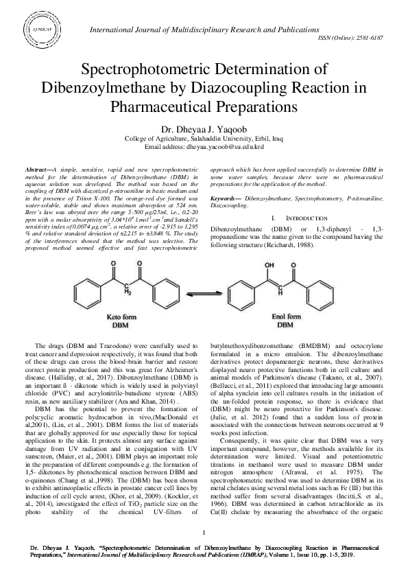 (PDF) Spectrophotometric Determination of Dibenzoylmethane by ...