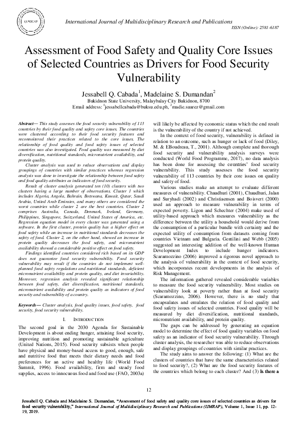 (PDF) Assessment of Food Safety and Quality Core Issues of Selected ...
