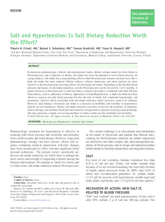 (PDF) Salt and Hypertension: Is Salt Dietary Reduction Worth the Effort