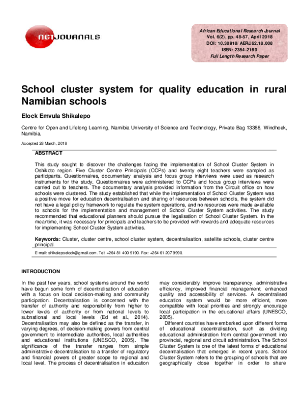 (PDF) School cluster system for quality education in rural Namibian schools