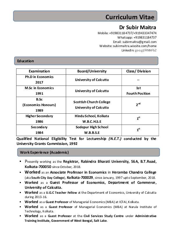 (PDF) Dr Subir Maitra Work Experience (Academic) Education Curriculum Vitae