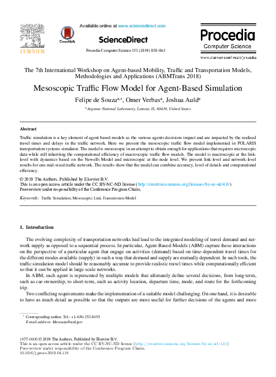 (PDF) Mesoscopic traffic flow model for agent-based simulation