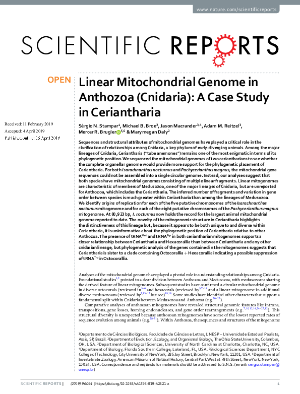 (PDF) Linear Mitochondrial Genome in Anthozoa (Cnidaria): A Case study ...