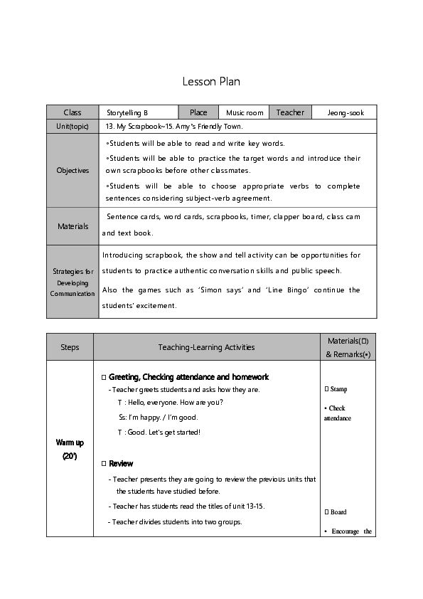 (DOC) Lesson Plan Class Storytelling B Place Music room Teacher