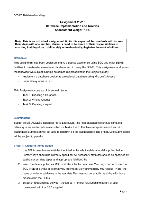 (PDF) Assignment 2 v2.0 Database Implementation and Queries Assessment ...