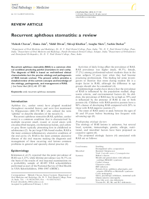 (PDF) Recurrent aphthous stomatitis: a review