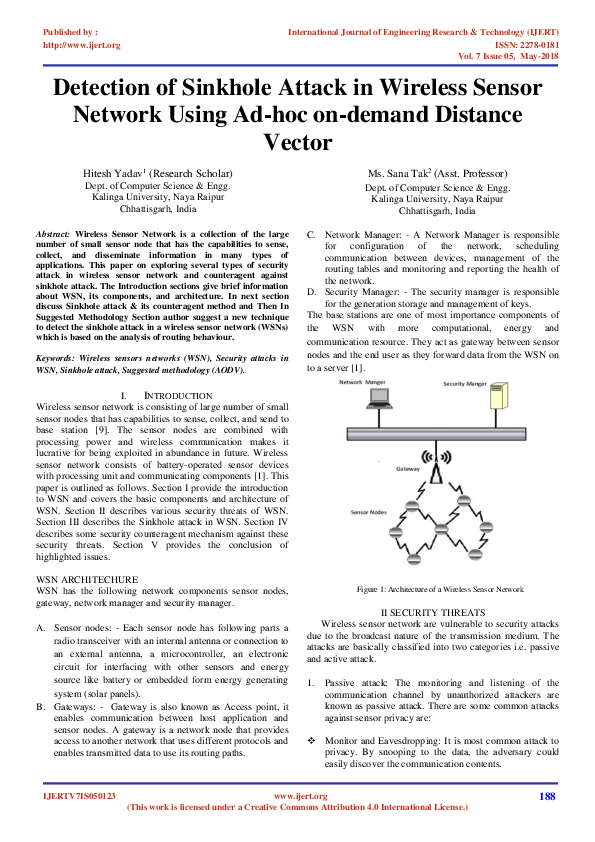 Pdf Ijert Detection Of Sinkhole Attack In Wireless Sensor Network Using Ad Hoc On Demand