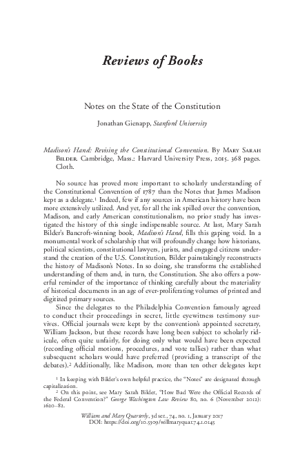 (PDF) Notes on the State of the Constitution: Review of Madison's Hand ...