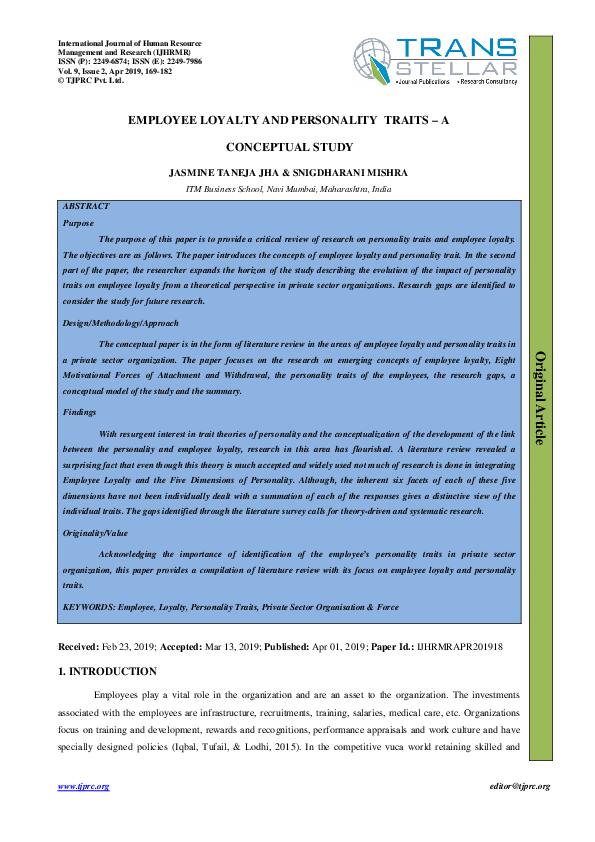 (PDF) EMPLOYEE LOYALTY AND PERSONALITY TRAITS -A CONCEPTUAL STUDY