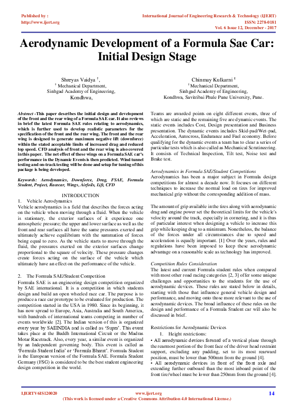 (PDF) IJERT-Aerodynamic Development of a Formula Sae Car: Initial Design Stage