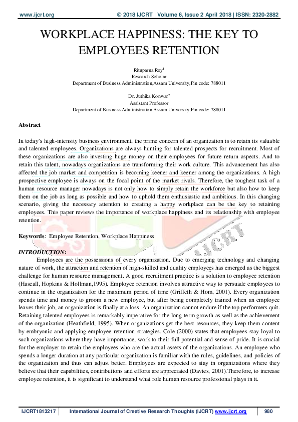 (PDF) WORKPLACE HAPPINESS: THE KEY TO EMPLOYEES RETENTION