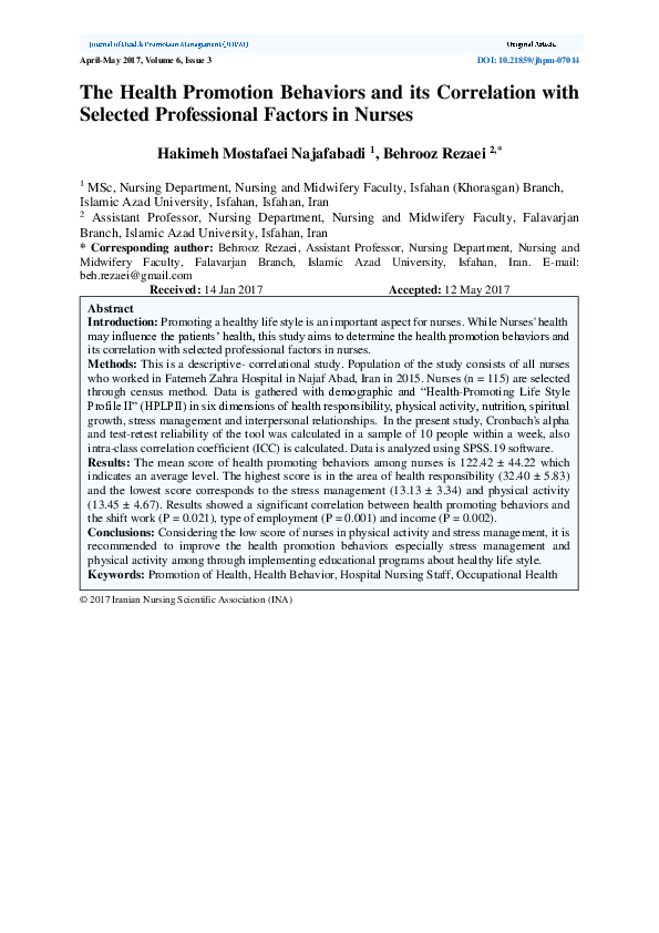 (PDF) The Health Promotion Behaviors and its Correlation with Selected ...