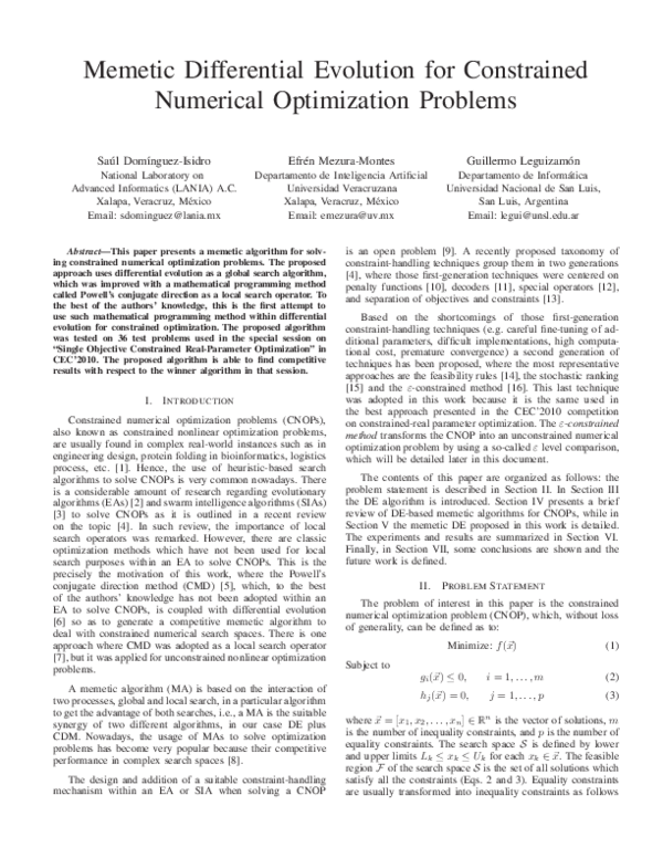 Pdf Memetic Differential Evolution For Constrained Numerical Optimization Problems