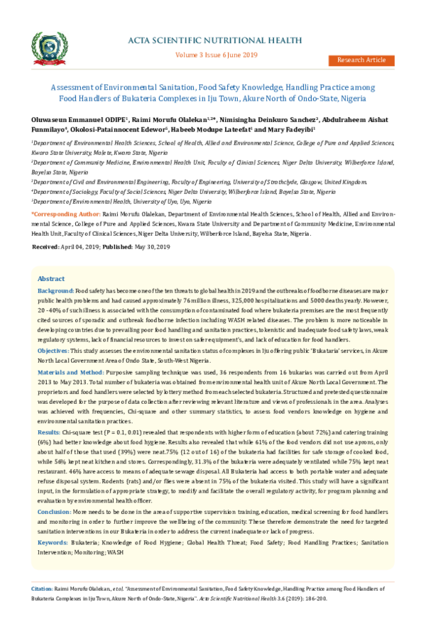 (PDF) ACTA SCIENTIFIC NUTRITIONAL HEALTH Assessment of Environmental Sanitation, Food Safety ...