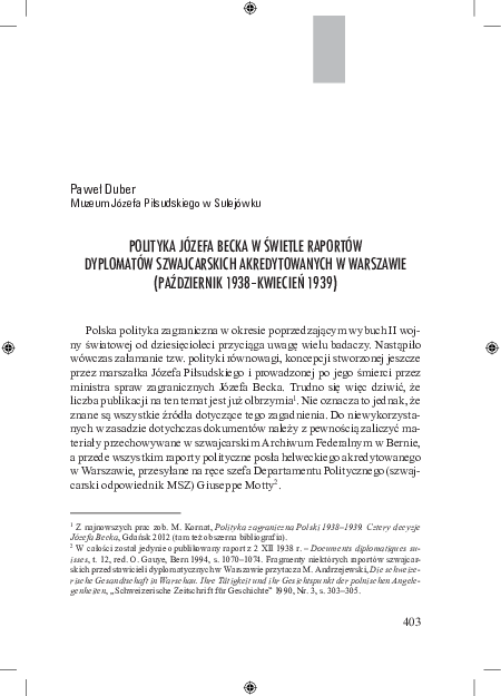 (PDF) Polityka Józefa Becka w świetle raportów dyplomatów szwajcarskich ...