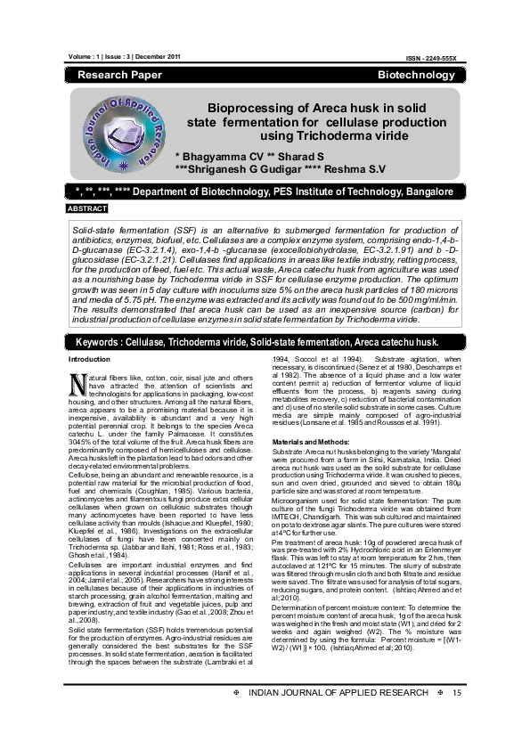 (PDF) Bioprocessing of Areca husk in solid state fermentation for cellulase production using ...