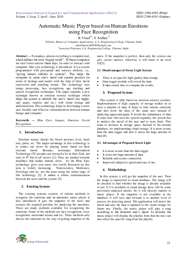 (PDF) Automatic Music Player based on Human Emotions using Face Recognition