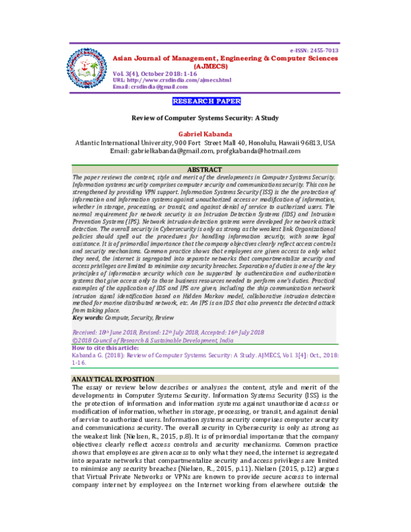 (PDF) Review of Computer Systems Security: A Study