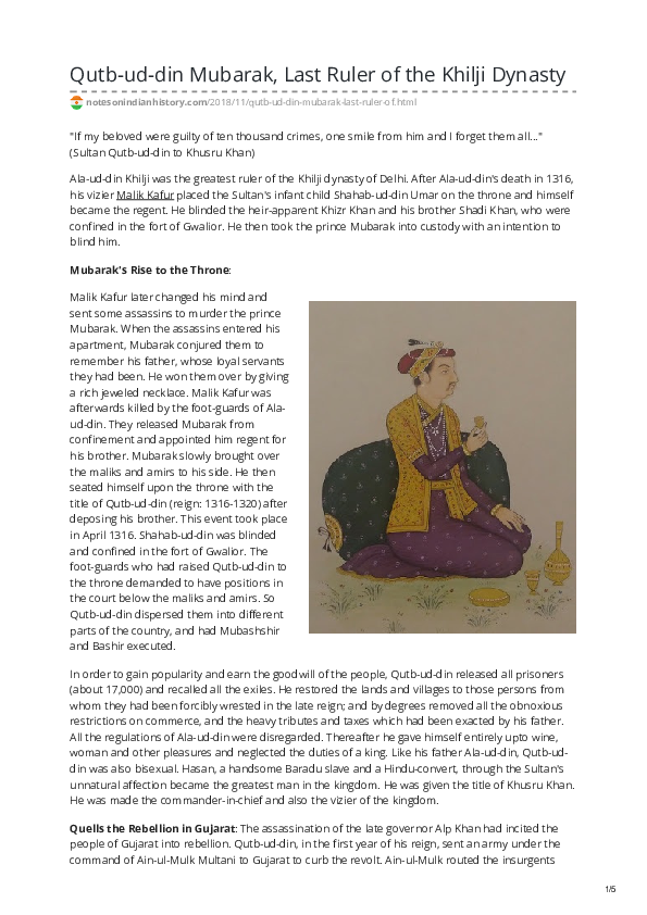 PDF Qutb ud din Mubarak Last Ruler of the Khilji Dynasty