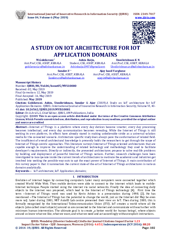 (PDF) A STUDY ON IOT ARCHITECTURE FOR IOT APPLICATION DOMAINS