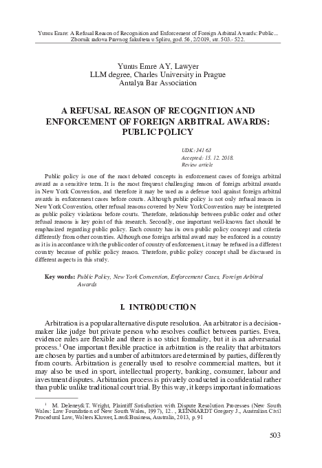 (PDF) A REFUSAL REASON OF RECOGNITION AND ENFORCEMENT OF FOREIGN ...