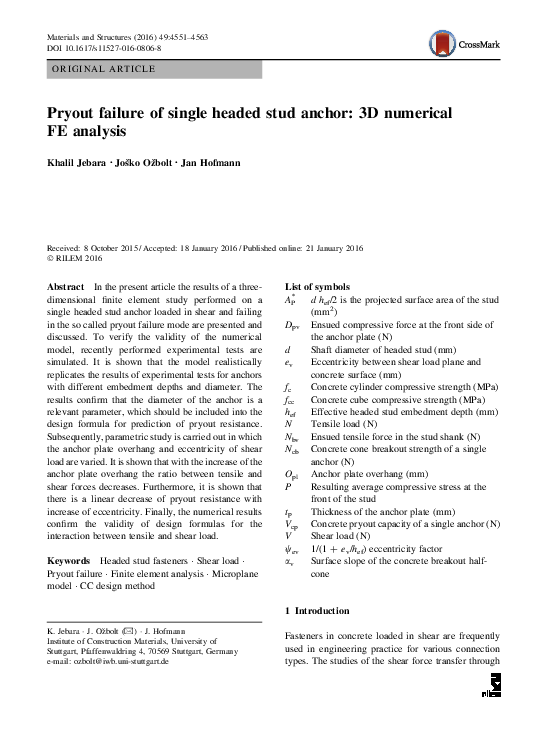 (PDF) Pryout failure of single headed stud anchor: 3D numerical FE analysis