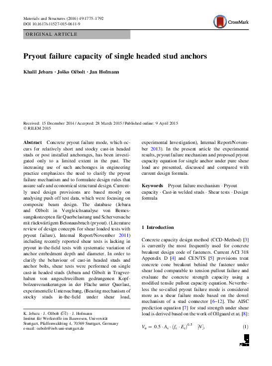 (PDF) Pryout failure capacity of single headed stud anchors