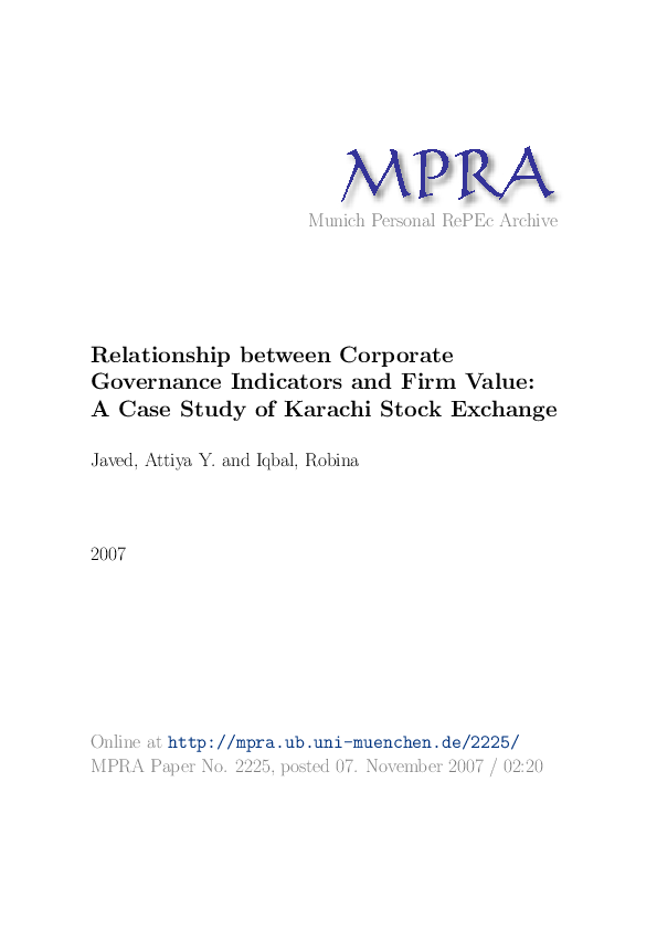 (PDF) Relationship between Corporate Governance Indicators and Firm Value: A Case Study of ...