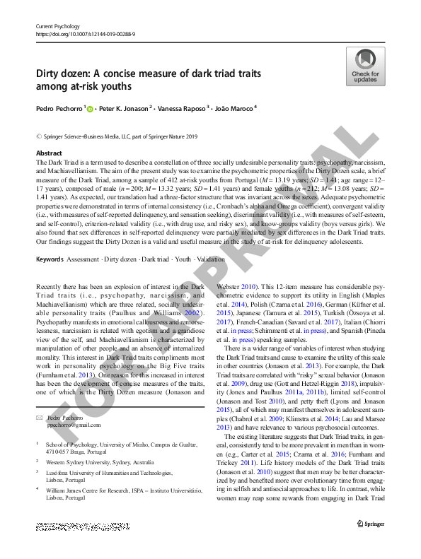(PDF) Dirty dozen A concise measure of dark triad traits