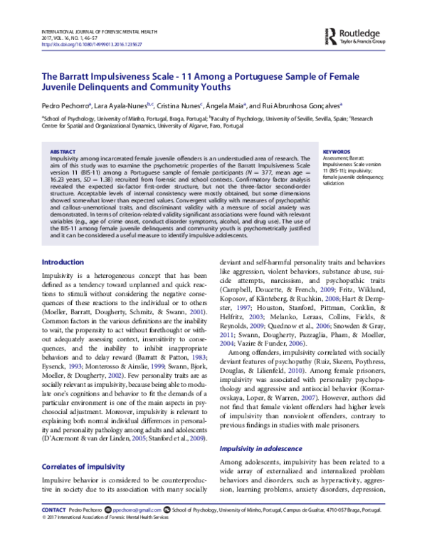 (PDF) The Barratt Impulsiveness Scale 11 Among a Portuguese Sample of ...