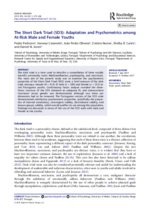 (PDF) The Short Dark Triad (SD3): Adaptation and Psychometrics among At ...