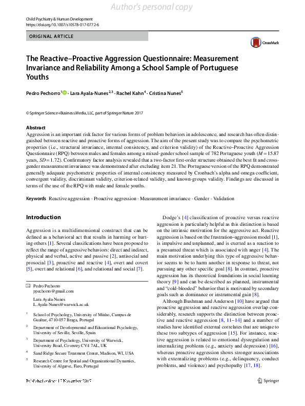 (PDF) The Reactive–Proactive Aggression Questionnaire Measurement