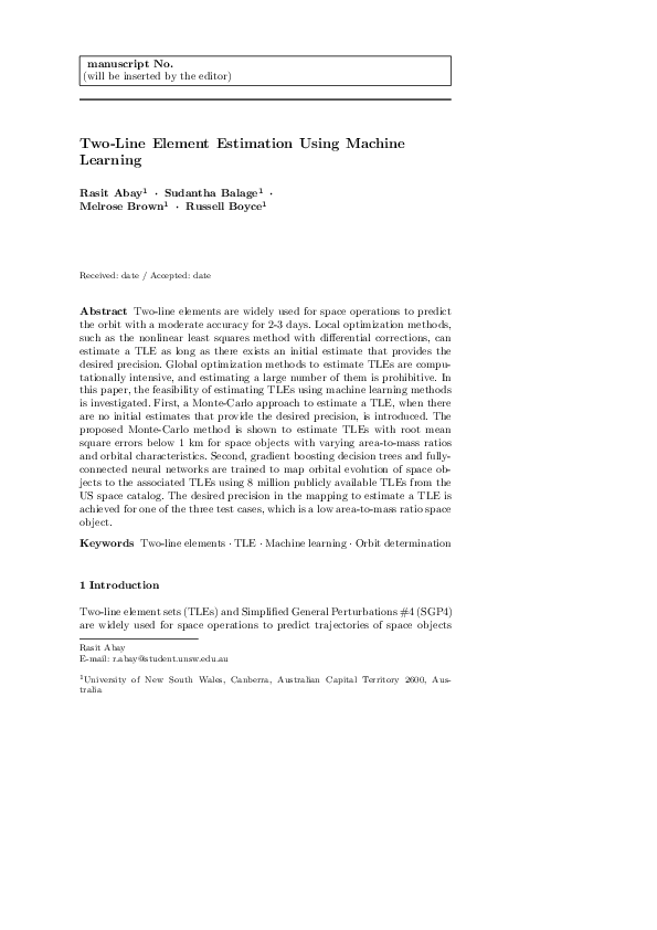 (PDF) Two-Line Element Estimation Using Machine Learning