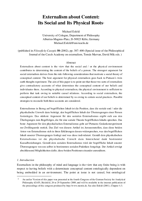 (PDF) «Externalism about Content: Its Social and Its Physical Roots»