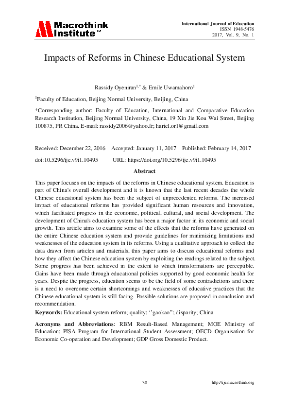 (PDF) Impacts of Reforms in Chinese Educational System